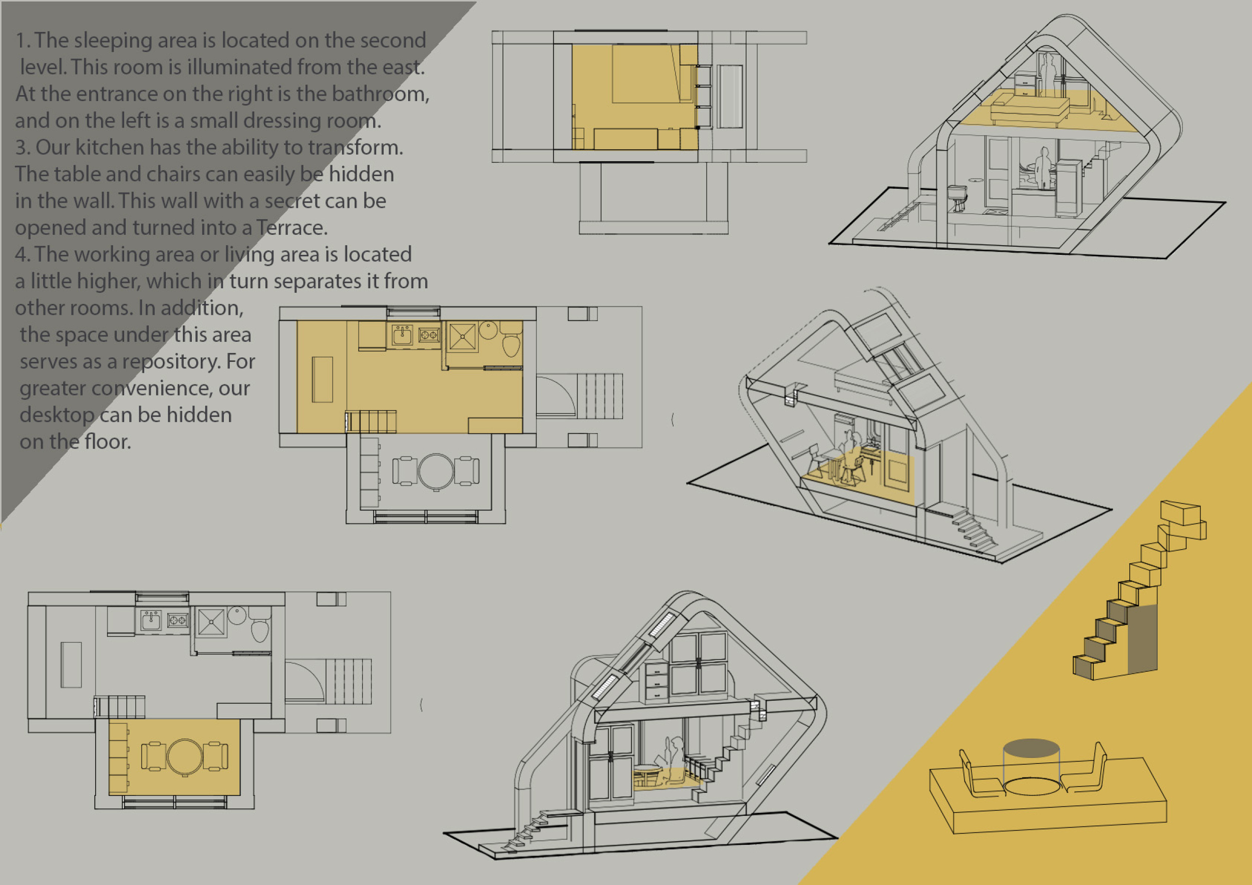 Architecture project // Elevated Living with Transformable Spaces and Fiberglass Features